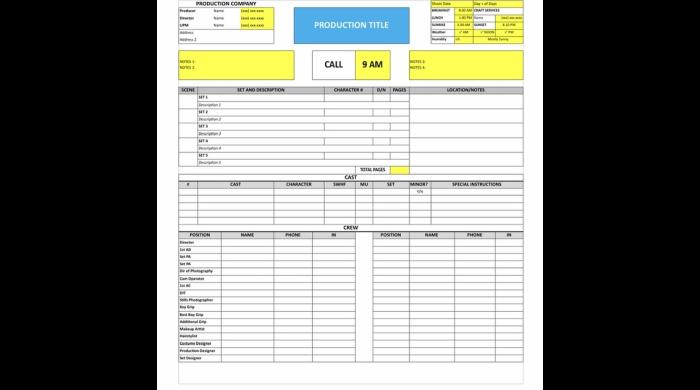 Film Call Sheet Template - Film Production Template - 2024