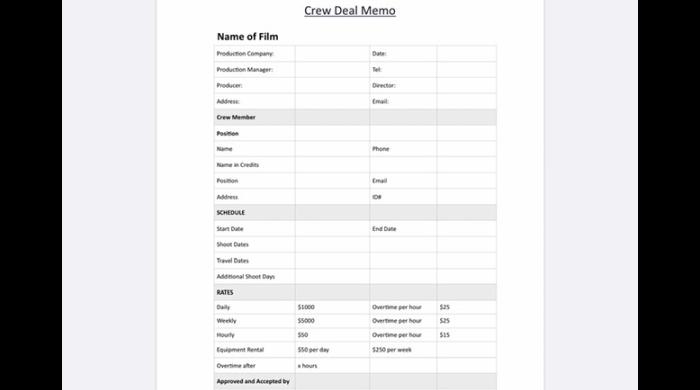Film Crew Contract - Film Crew Deal Memo Template - 2024